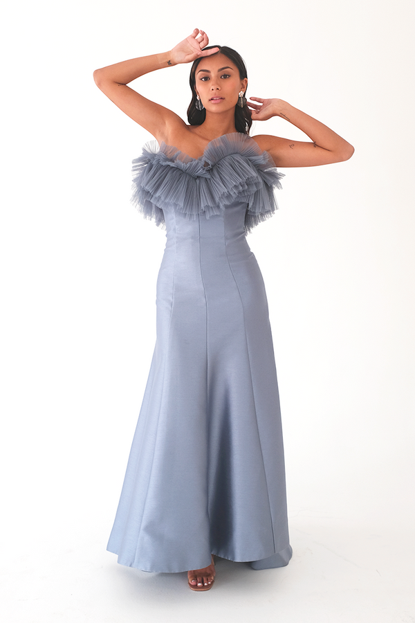 Dusty Blue Gown with Tulle Detail | VESTIDO